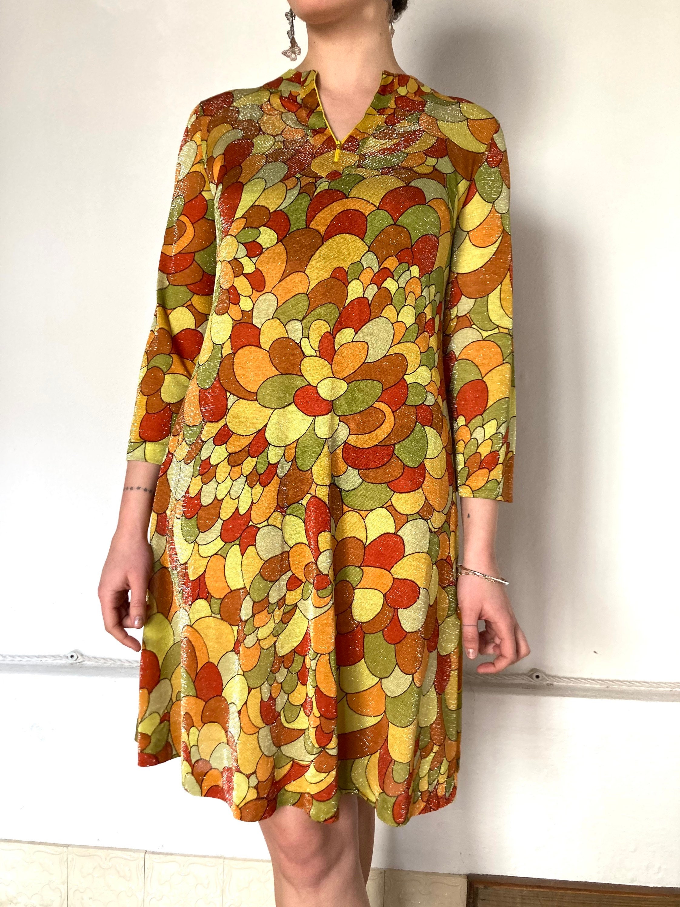 1960 S Mod Go Go Girl Lamé Metallic Psycadelic Flower Power Floral ...