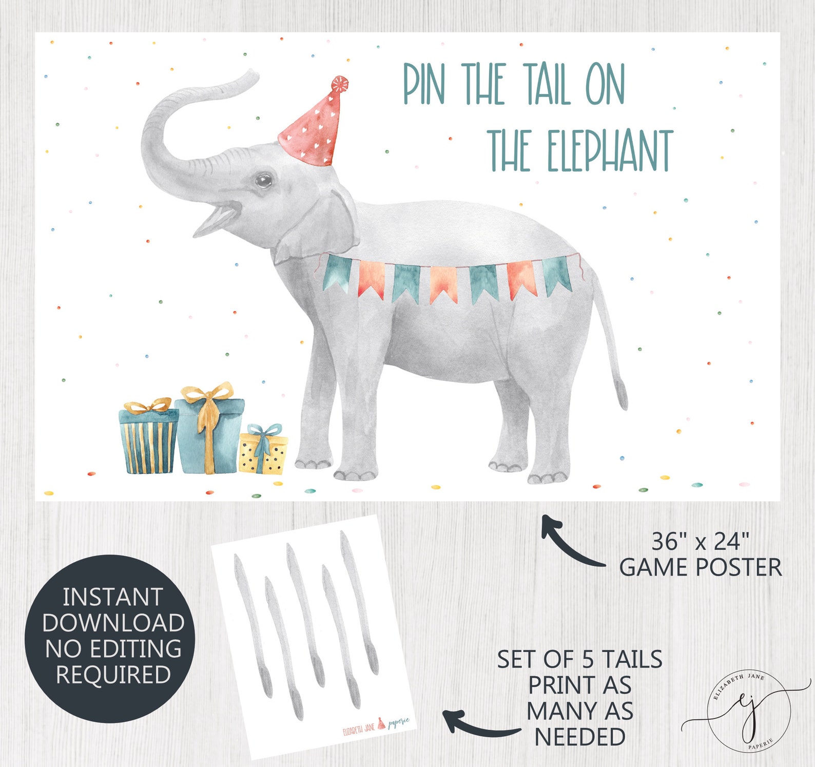 Instant Download Pin the Tail on the Elephant Birthday Game Safari ...