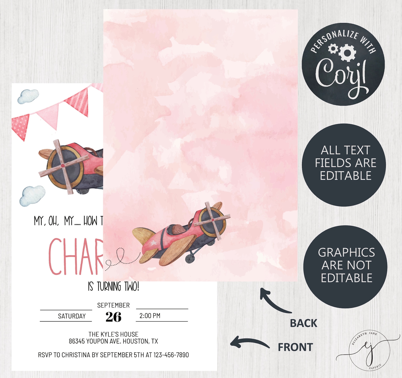 EDITABLE Airplane Birthday Invitation Pink Girls Airplane | Etsy