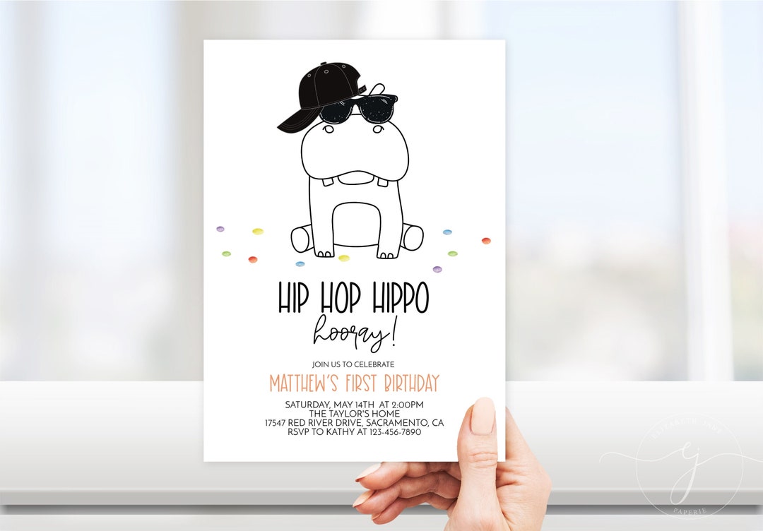 Editable Hip Hop Hippo Birthday Invitation, Hip Hop Hippo Hooray ...