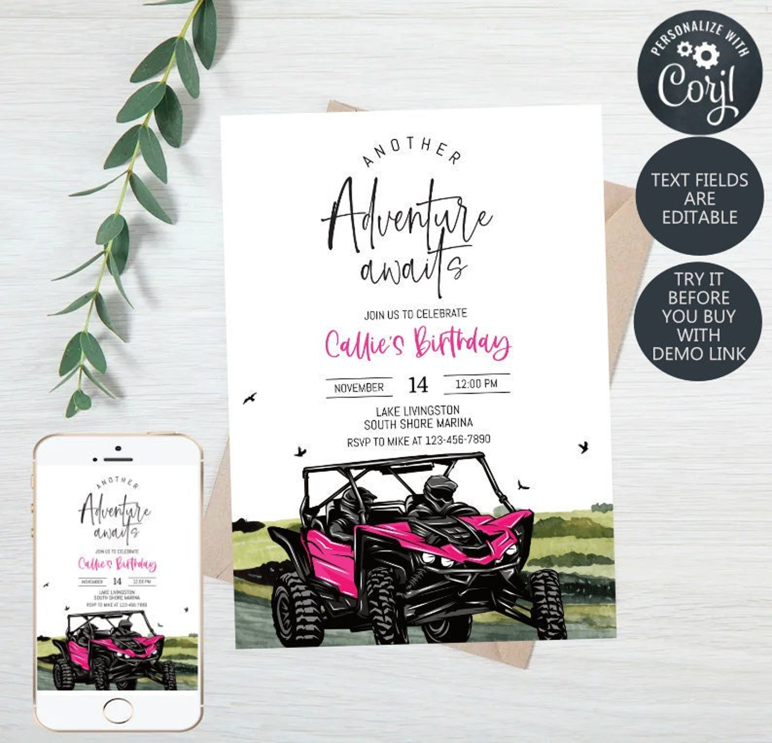 EDITABLE Pink ATV Birthday Invitation Girls off Road Razor | Etsy