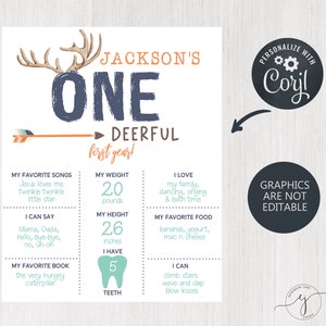 Editable One-deer-ful Boys Milestone Board, 1st Birthday Poster. 1st ...