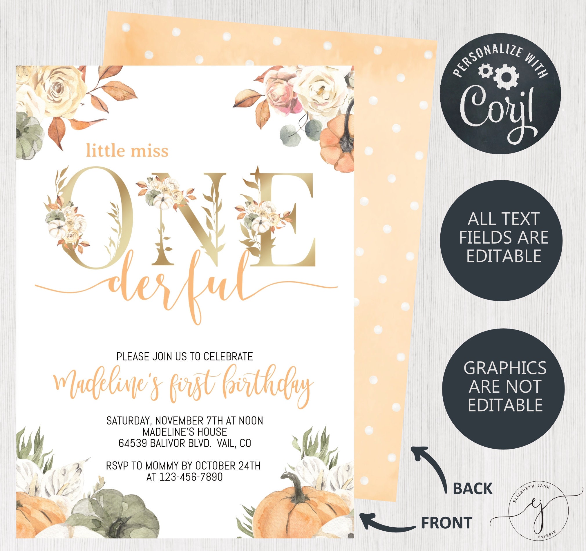 EDITABLE Fall First Birthday Invitation - Little Miss One-derful ...