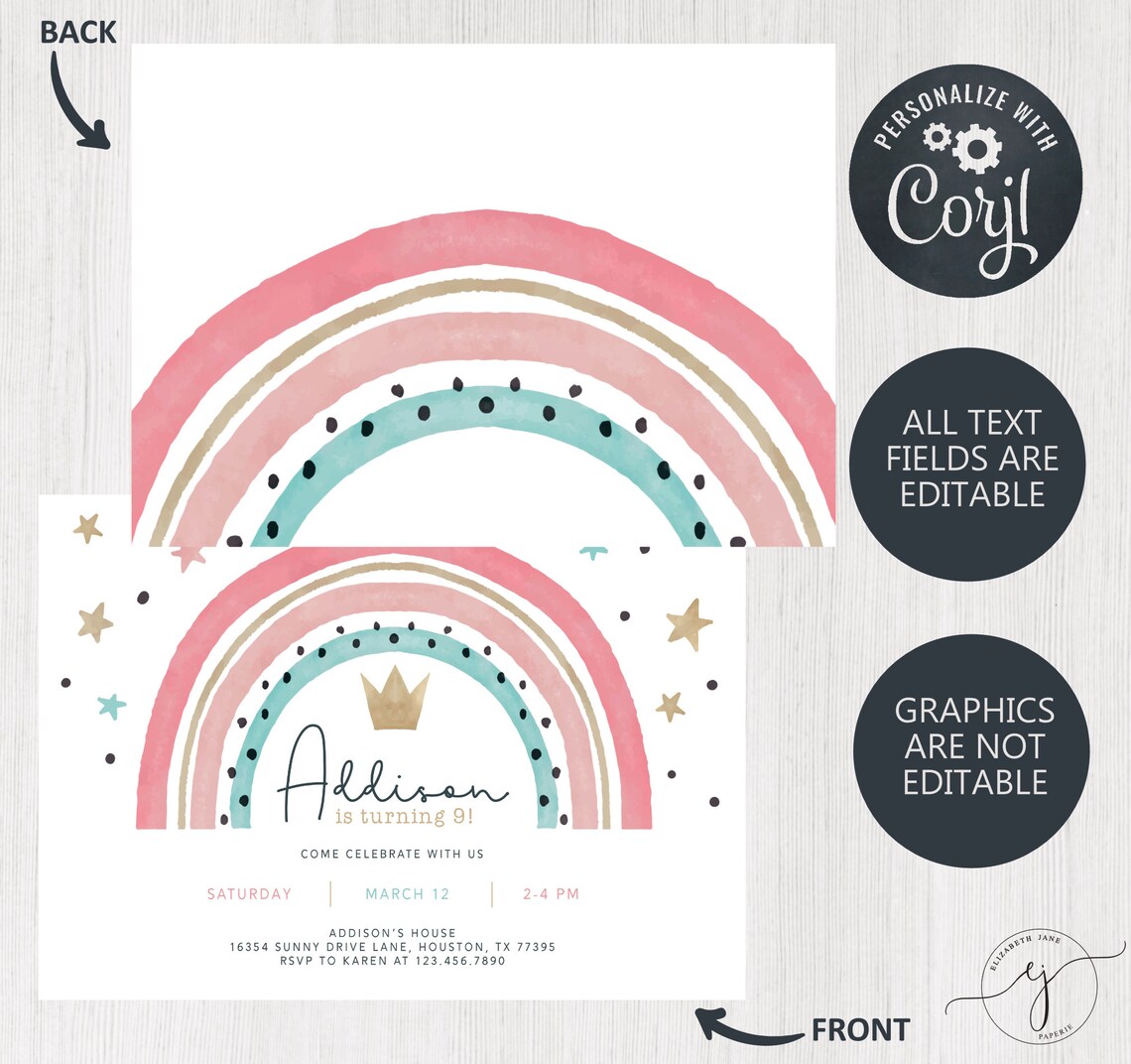 EDITABLE Watercolor Rainbow Birthday Invitation Rainbow - Etsy