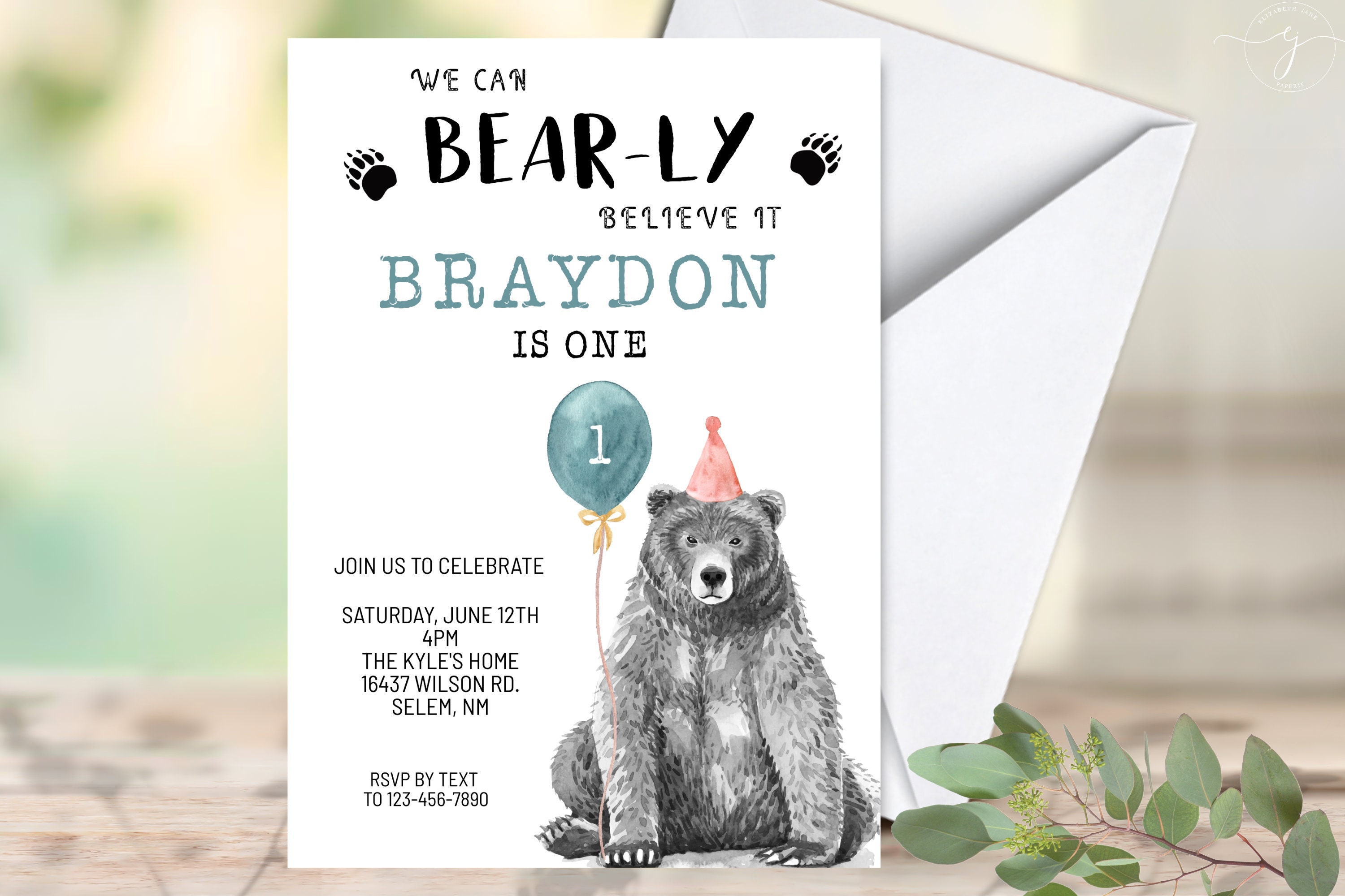 Editable Bear Birthday Invitation, Bear-y First Birthday, Cute Bear ...