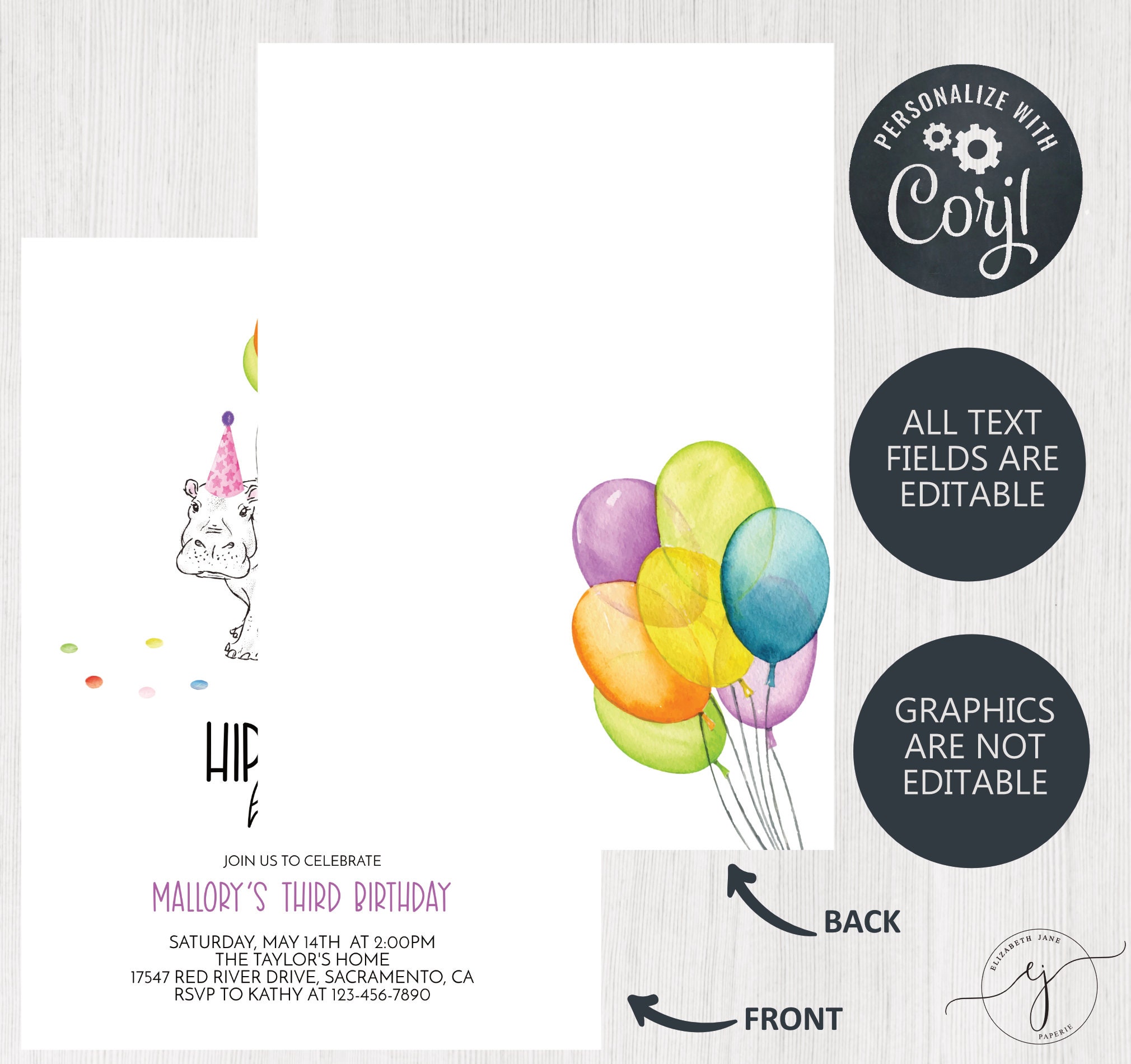 Editable Baby Hippo Birthday Invitation Hip Hippo Hooray - Etsy