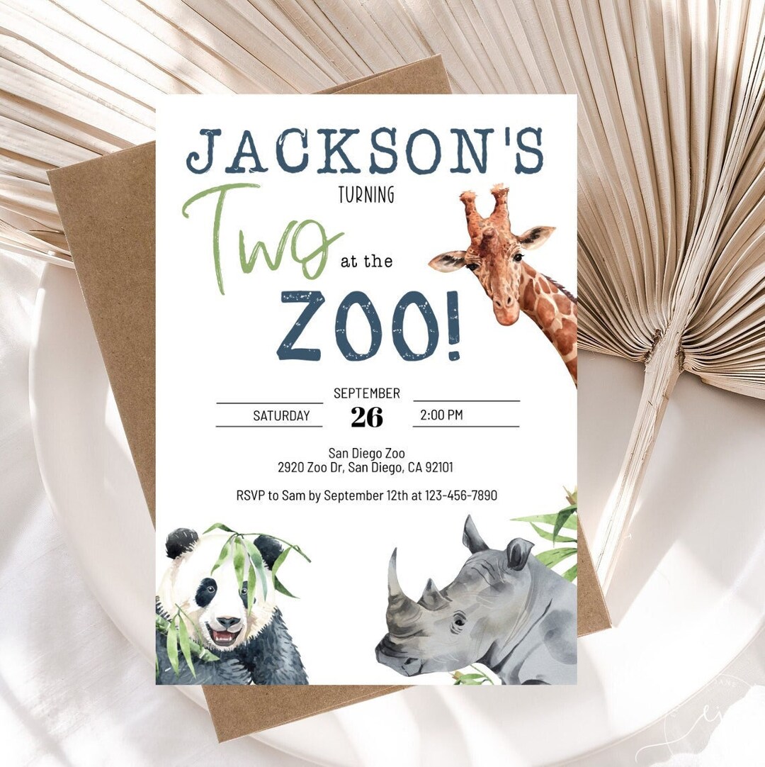 Editable Two at the Zoo Birthday Invitation Safari Animals Invite ...
