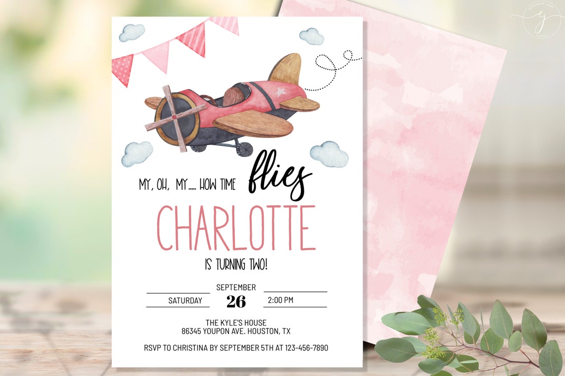 EDITABLE Airplane Birthday Invitation Pink Girls Airplane | Etsy