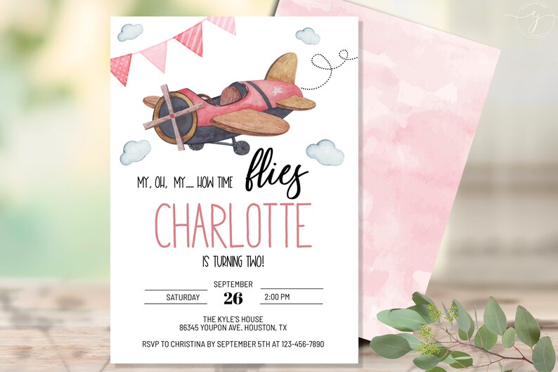 EDITABLE Airplane Birthday Invitation Pink Girls Airplane | Etsy