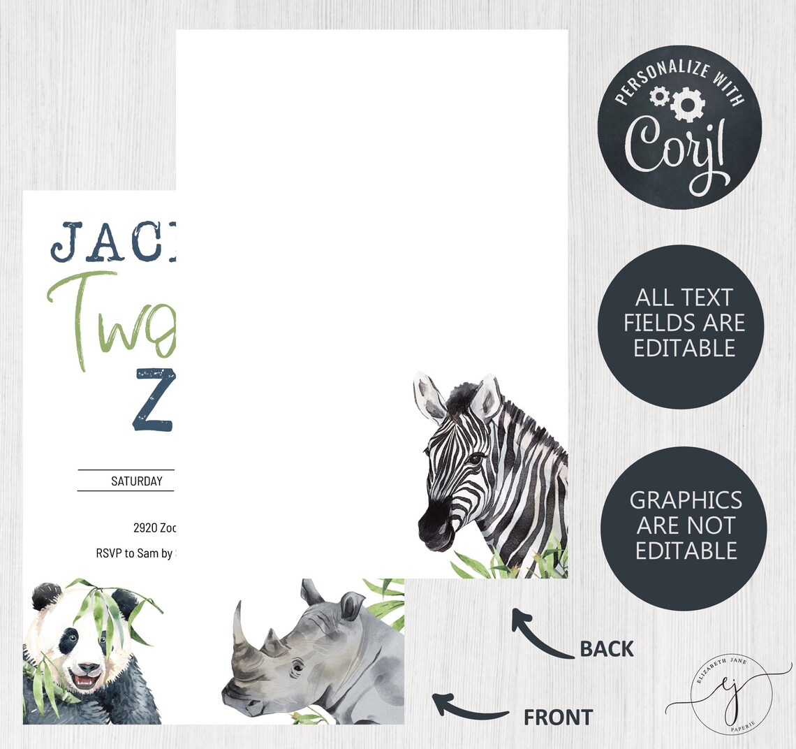 Editable Two at the Zoo Birthday Invitation Safari Animals Invite ...