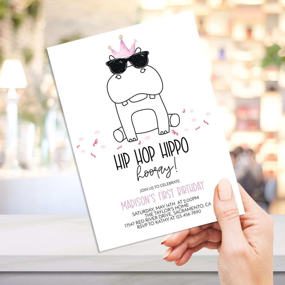 Editable Hip Hop Hippo Princess Birthday Invitation, Hip Hop Hippo ...
