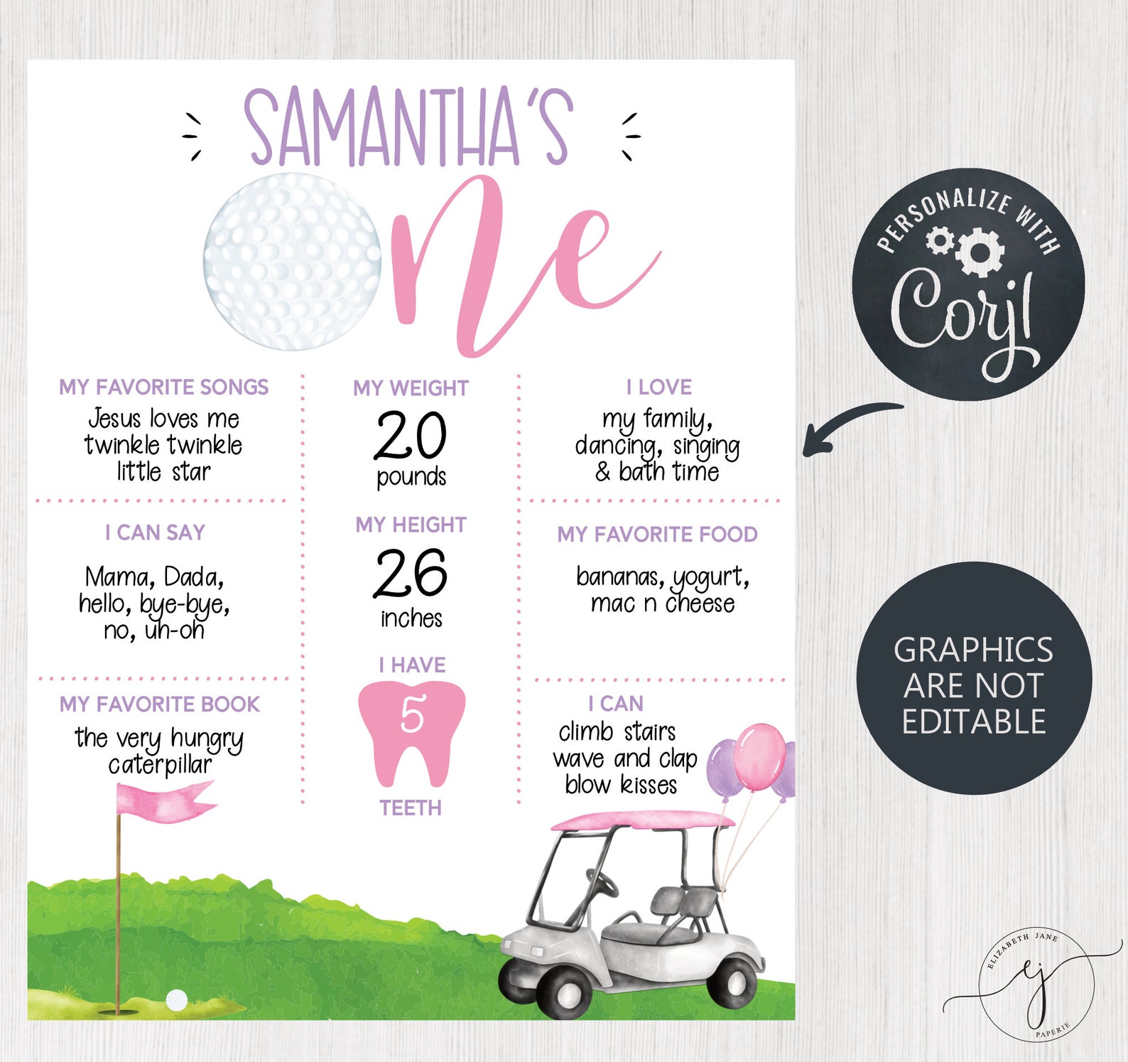 Editable Golf First Birthday Girls Milestone Board, Golf 1st Birthday ...