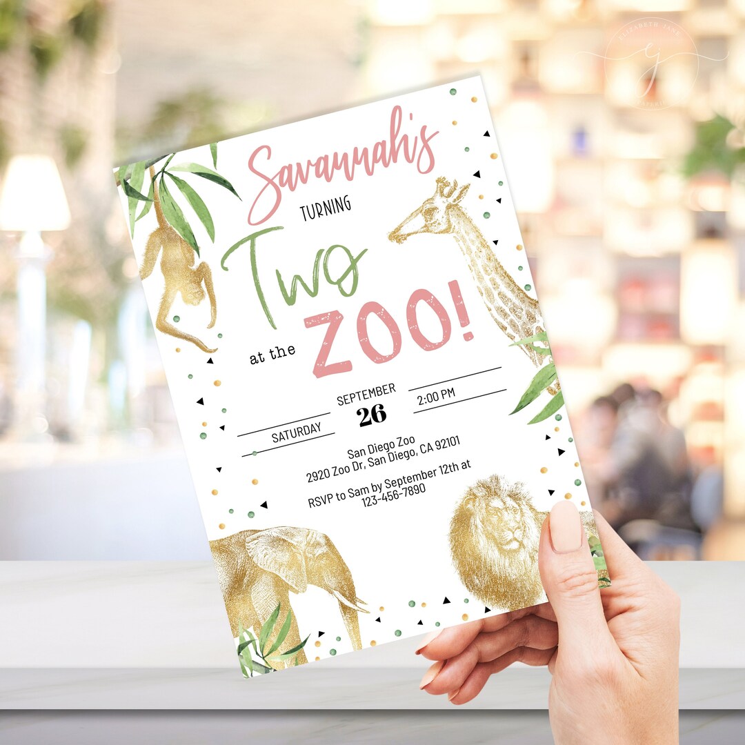 Editable Two at the Zoo Pink Birthday Invitation Safari Animals Invite ...