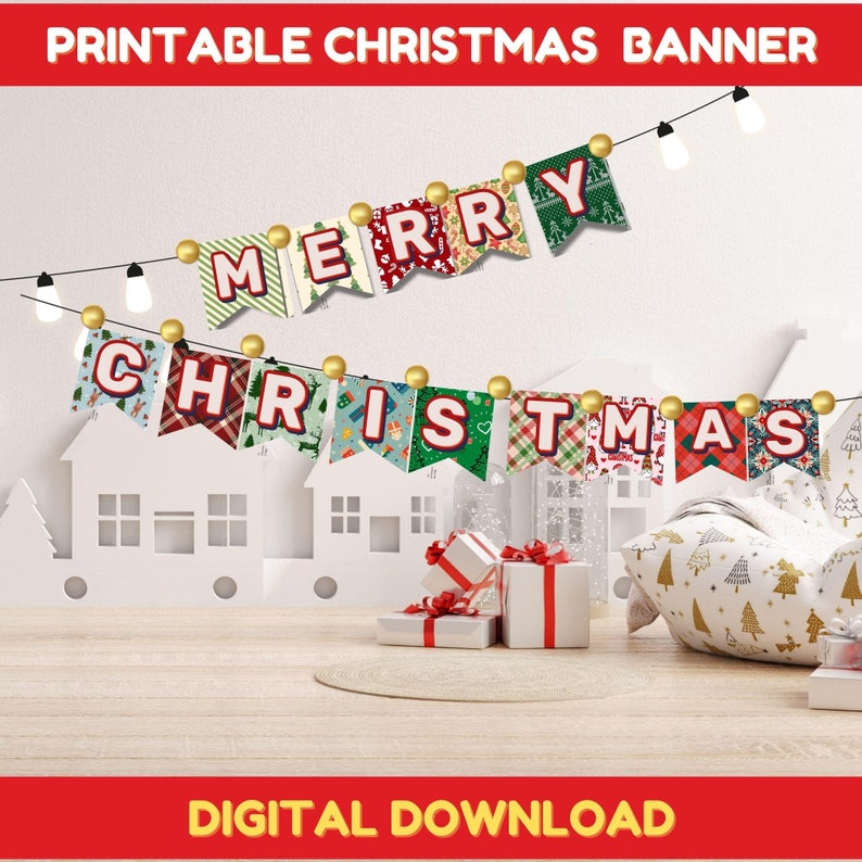 Merry Christmas Printable Banner, Festive Decor, Xmas Garland, Office ...