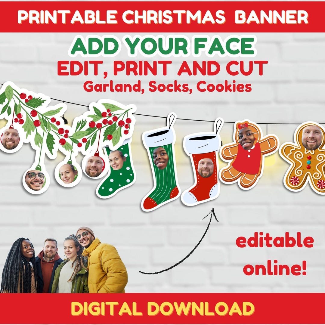 Personalized Face Christmas Banner, Editable Holiday Garland (digital ...