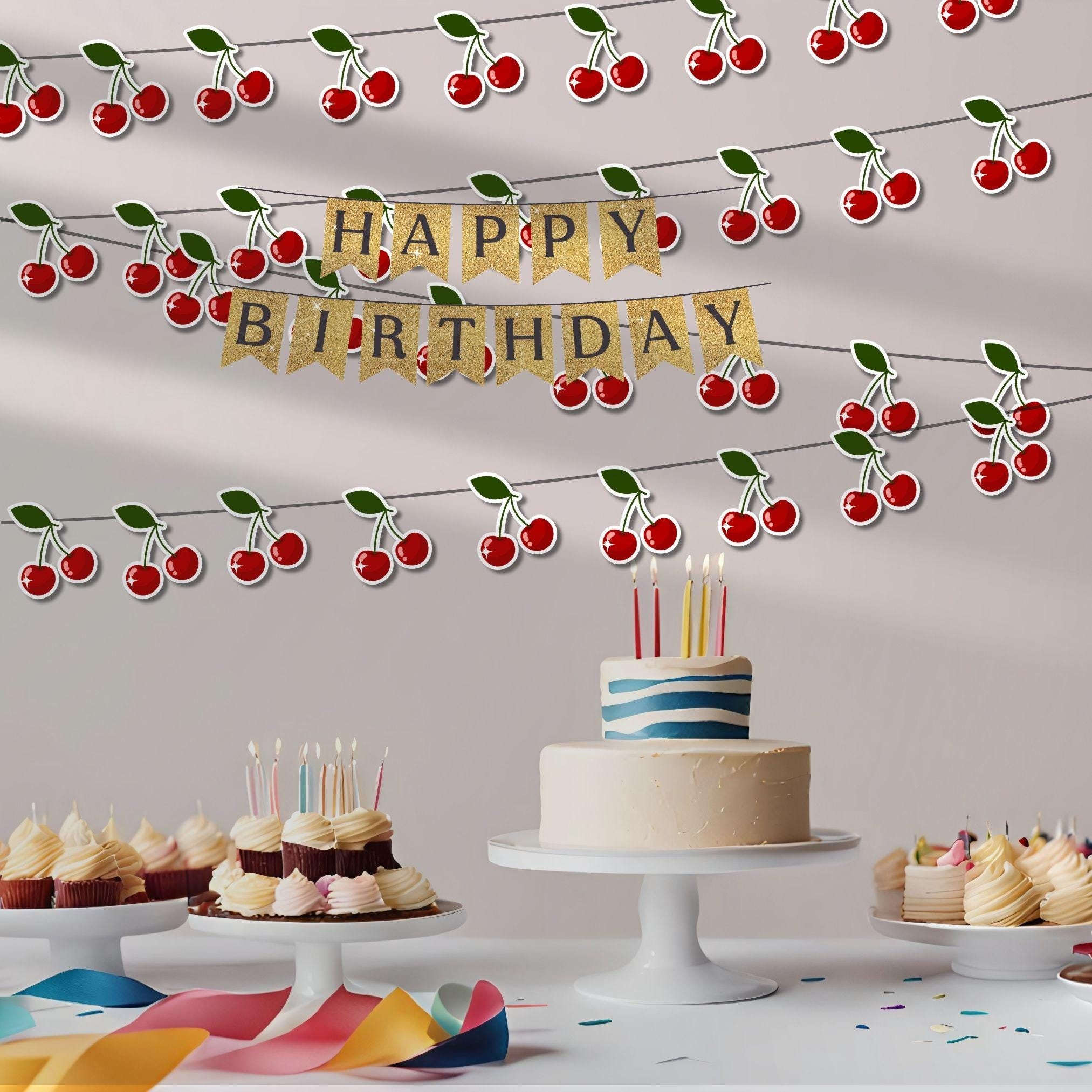 Printable Cherry Birthday Banner, Red Theme Bday (PDF/PNG) - Etsy
