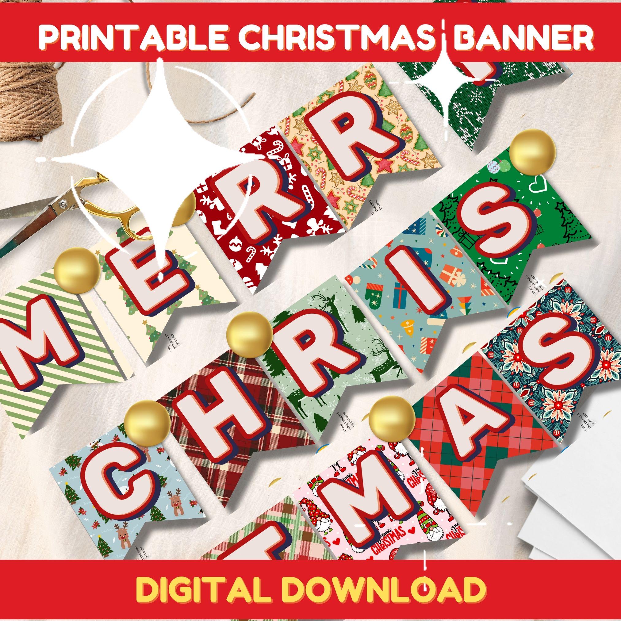 Merry Christmas Printable Banner, Festive Decor, Xmas Garland, Office ...