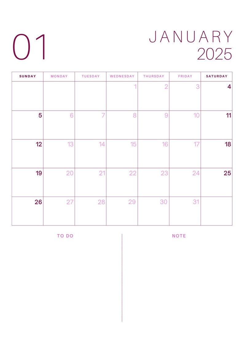 2025 Pink Yearly Calendar Aesthetic Printable PDF Minimalist Pastel ...