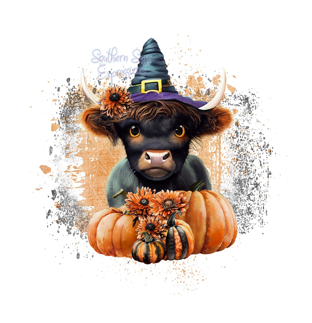 Highland Cow Halloween Design: Calf With Pumpkins (digital Download) - Etsy