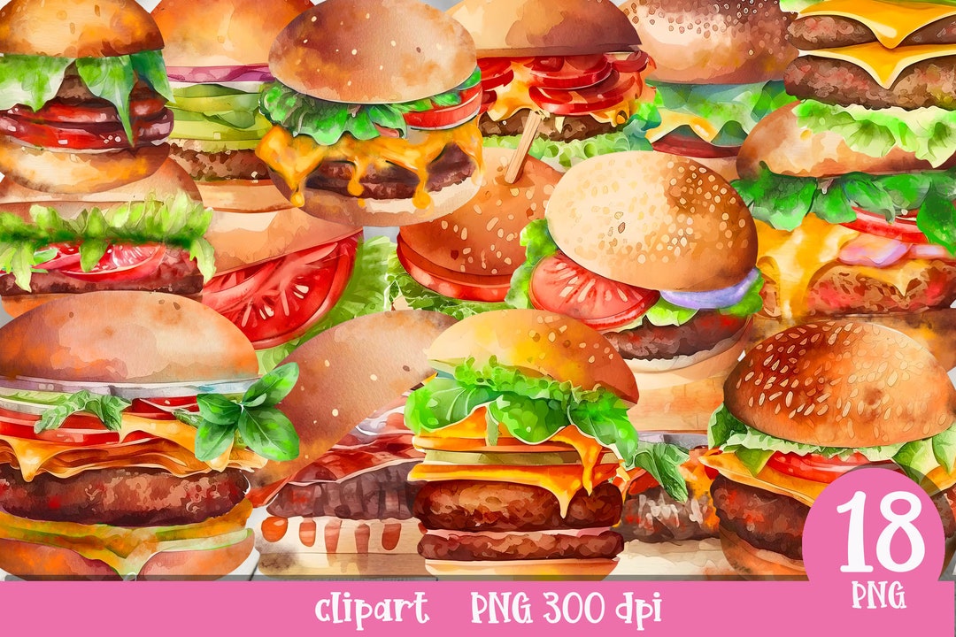 Watercolor Burger Clipart PNG Fast Food Meat Steak Digital Set Digital ...
