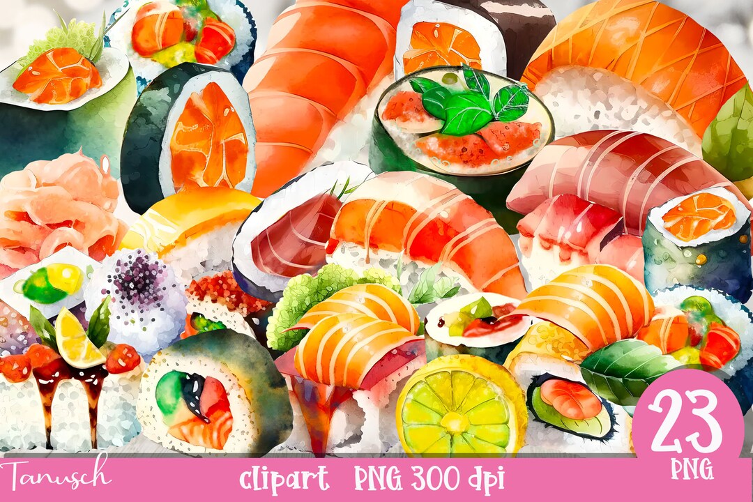 Watercolor Sushi Clipart PNG Fish Shrimp Avocado Set and Nori Digital ...
