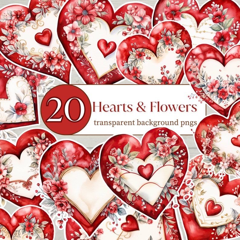 Hearts and Flowers Watercolor Clipart Set 20 PNG Files, 300 DPI ...
