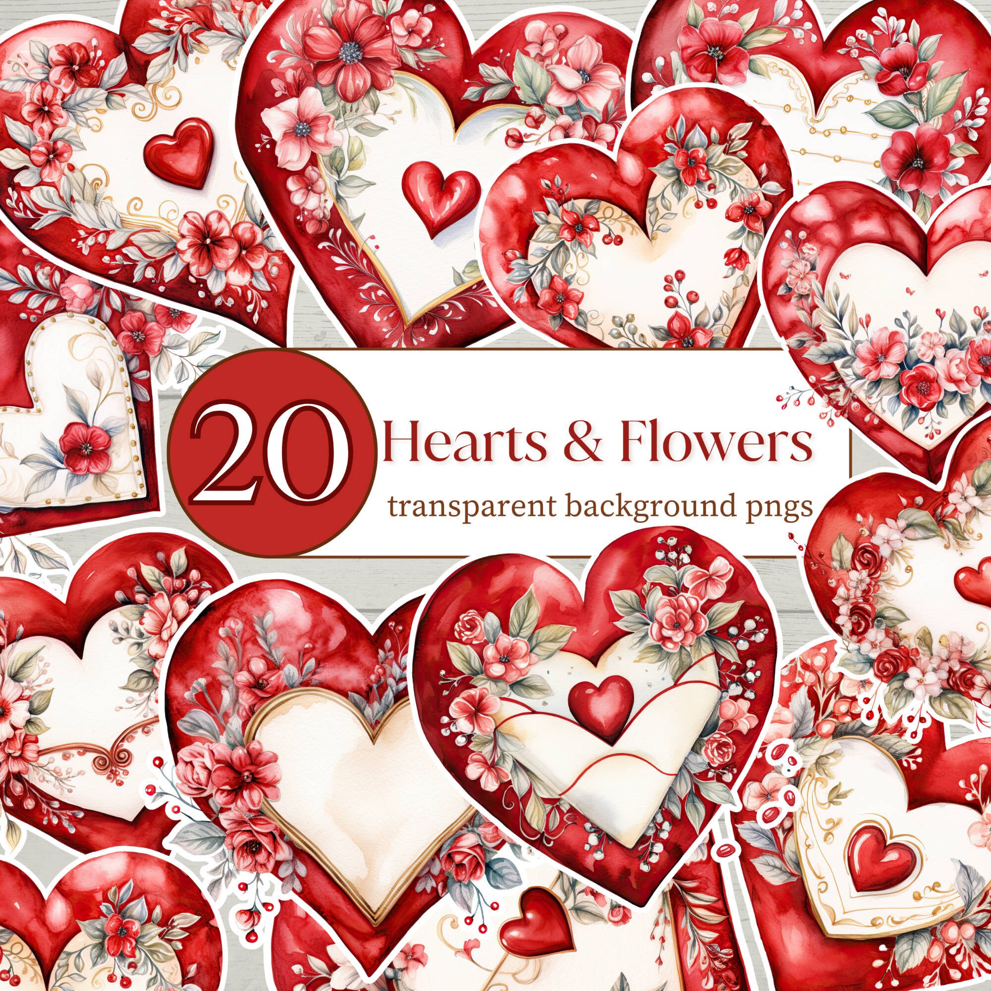 Hearts and Flowers Watercolor Clipart Set 20 PNG Files, 300 DPI ...