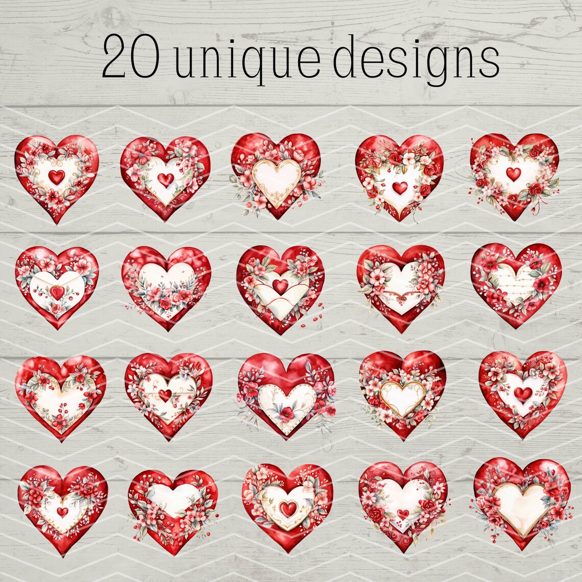 Hearts and Flowers Watercolor Clipart Set 20 PNG Files, 300 DPI ...