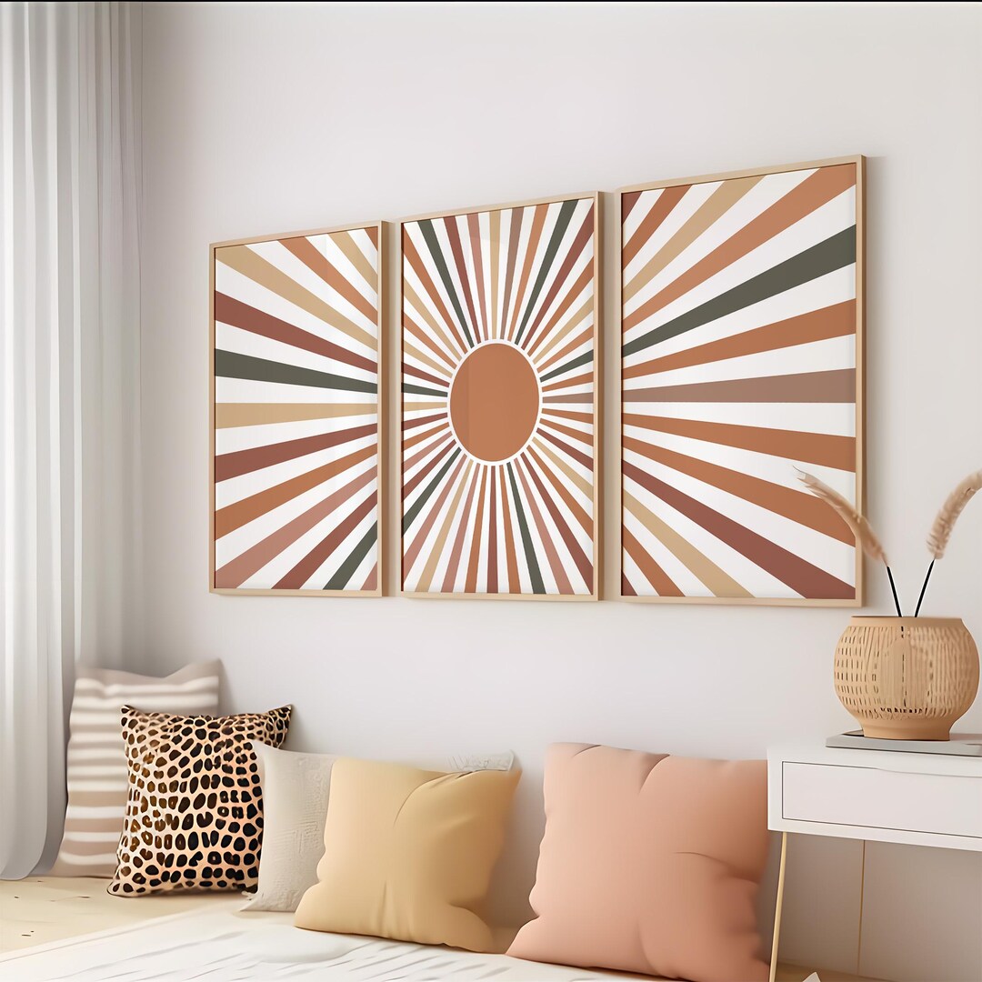 Sunshine Line Art, Modern Sunburst Wall Art, Boho Sun Art Prints, Mid ...