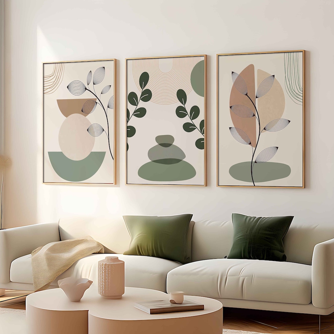 Boho Sage Green Wall Decor Abstract Set 3 Print, Geometric Wall Art ...