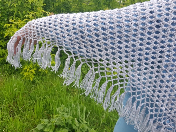 Grey Crochet Lace Shawl , Vintage Long Fringed Shawl … - Gem