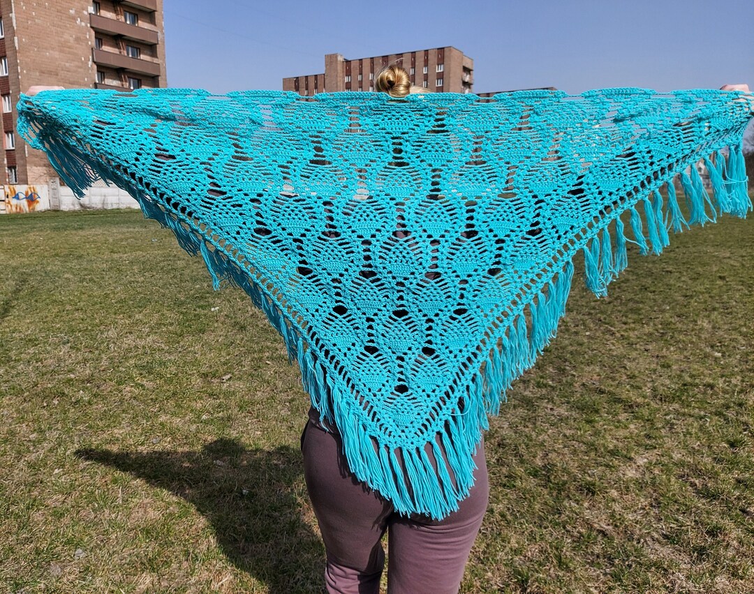 Turquoise Crochet Lace Shawl , Vintage Long Fringed Shawl , Crochet ...