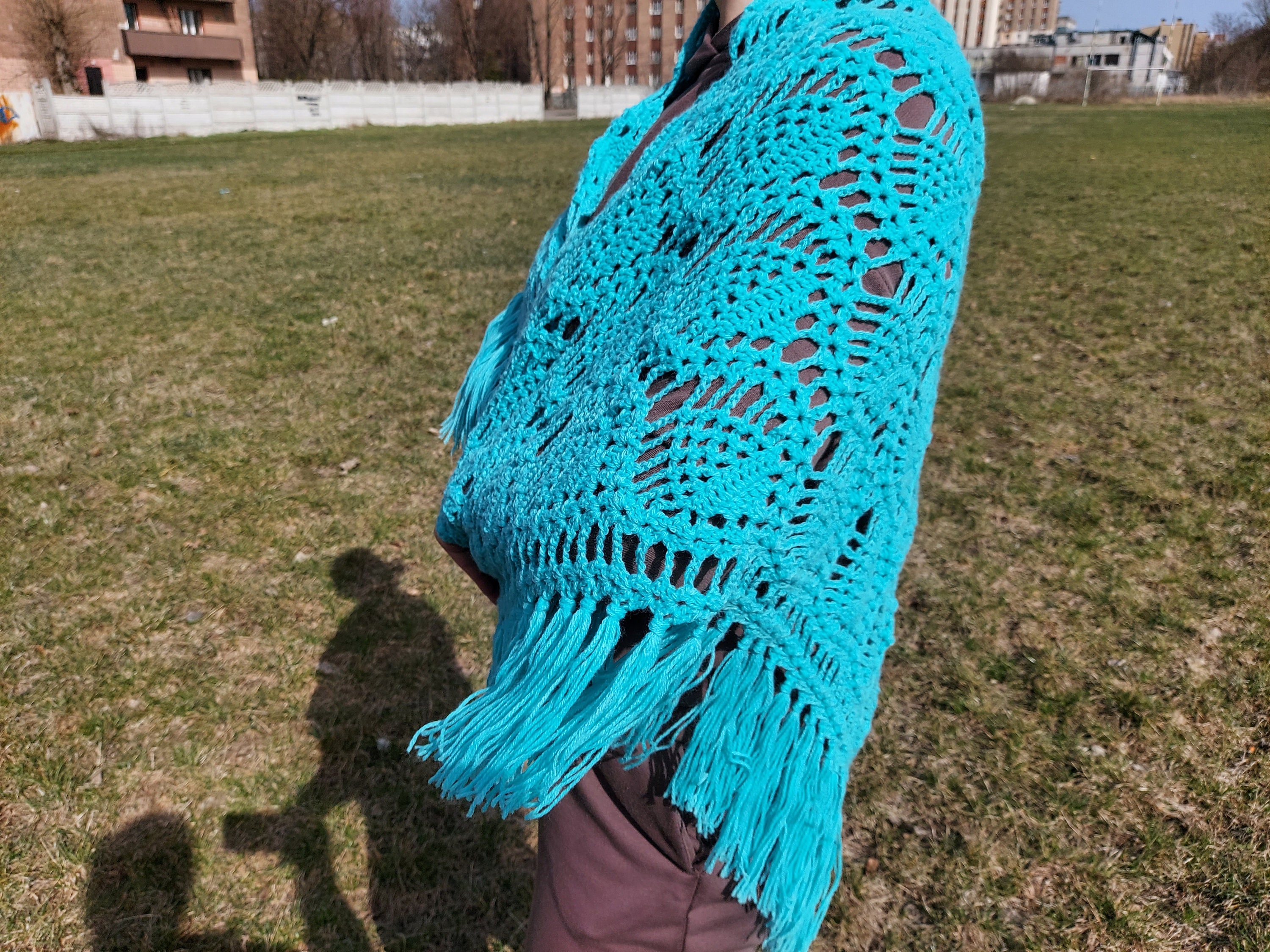 Turquoise Crochet Lace Shawl , Vintage Long Fringed Shawl , Crochet ...