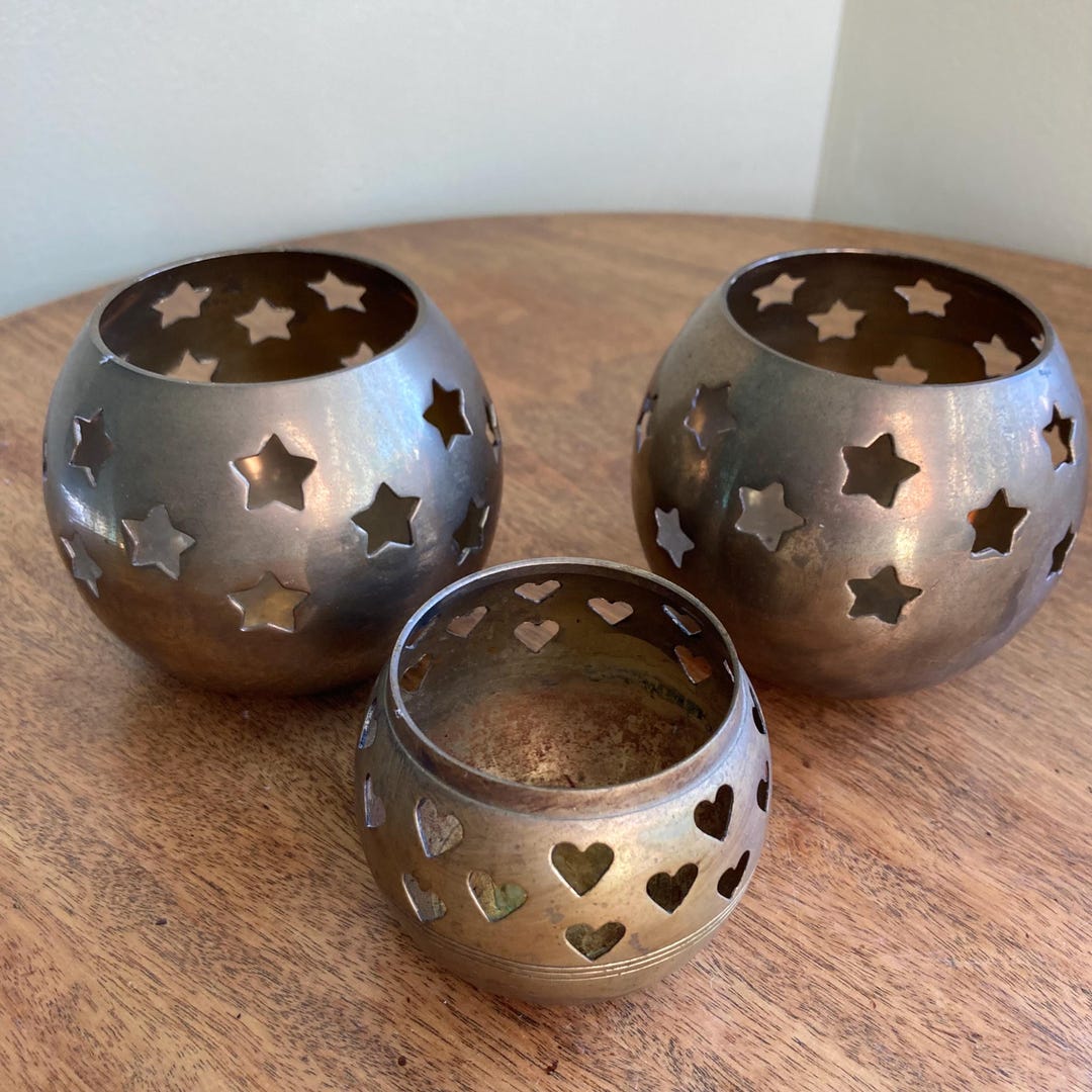 Three Vintage Star Cutout Candle Holders, Brass Star Tea Light Holders ...