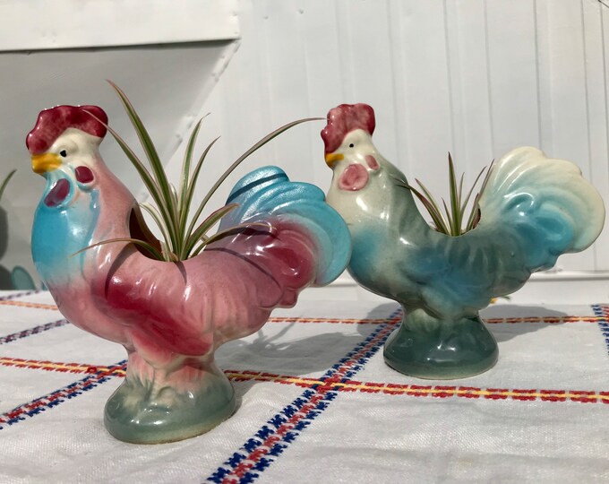 Two Vintage Rooster Planters Lot of Two 1940s 1950s Ceramic Rooster ...