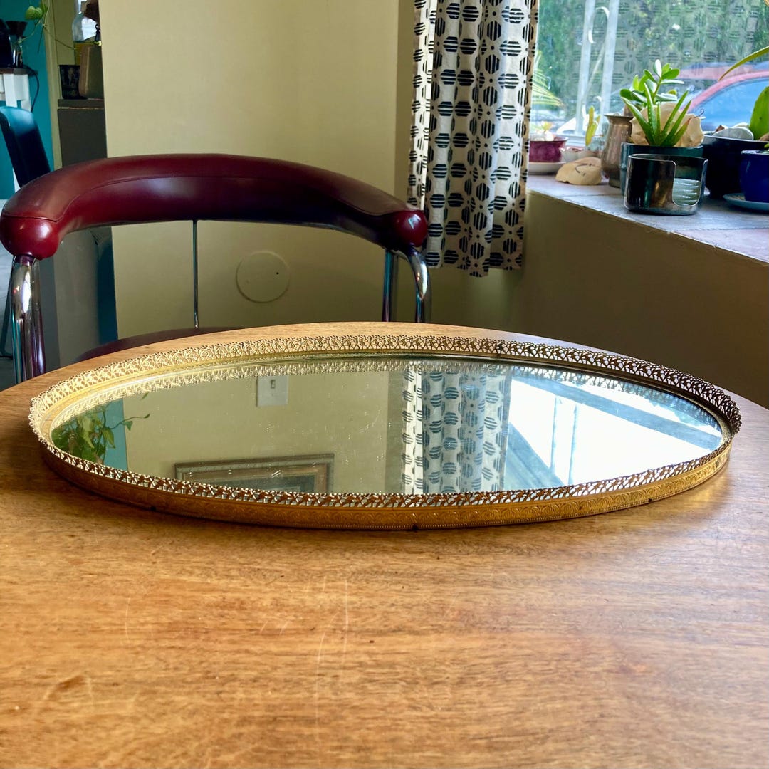 Large Vintage Vanity Mirror, XL Mirrored Brass and Glass, Vintage Oval ...