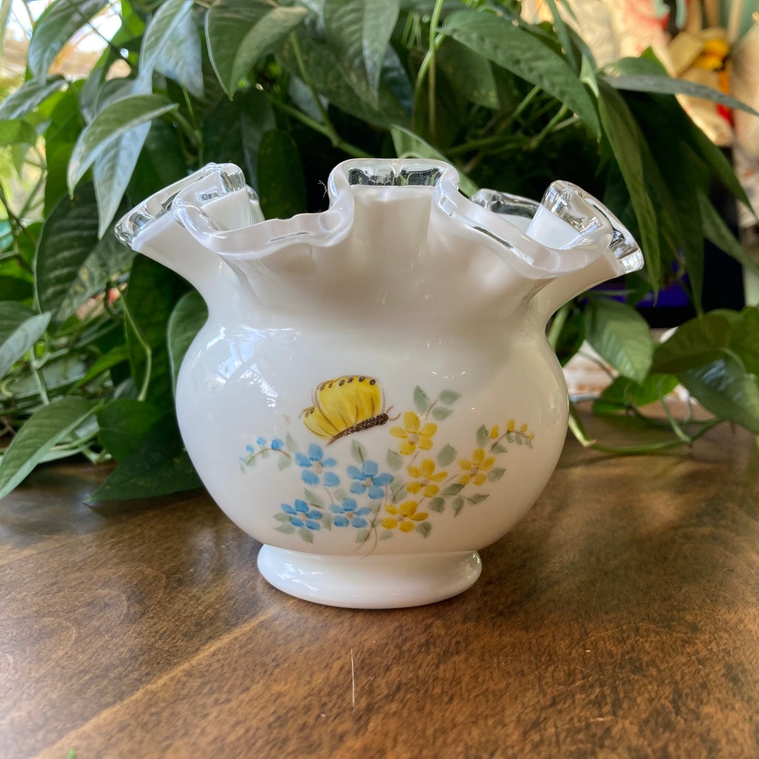 Fenton Accents Hand Painted Butterfly Bud Vase, Vintage Fenton Milk ...