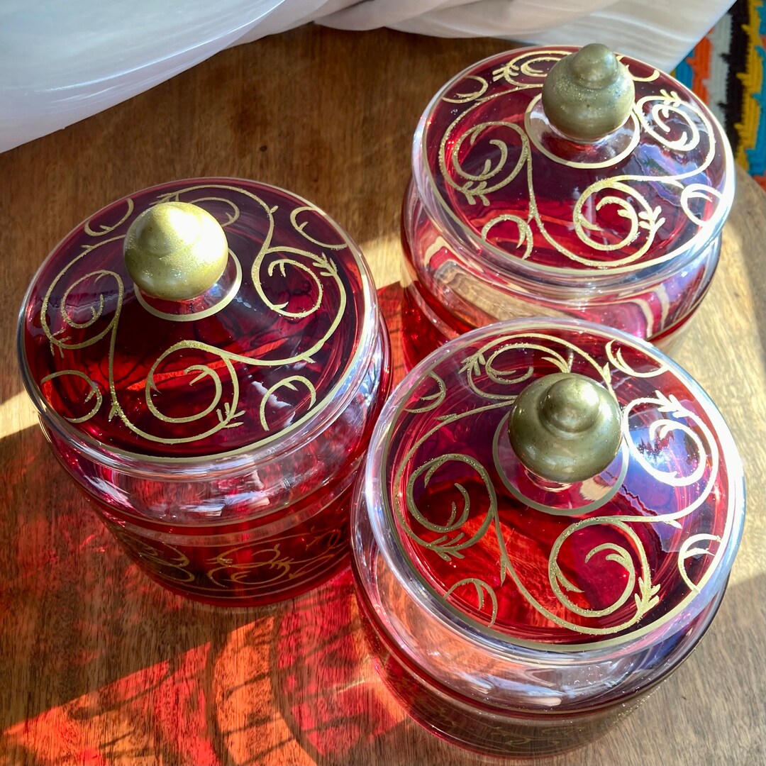 3 Large Vintage Ruby and Gold Glass Canisters, 3 Ornate Painted Glass ...