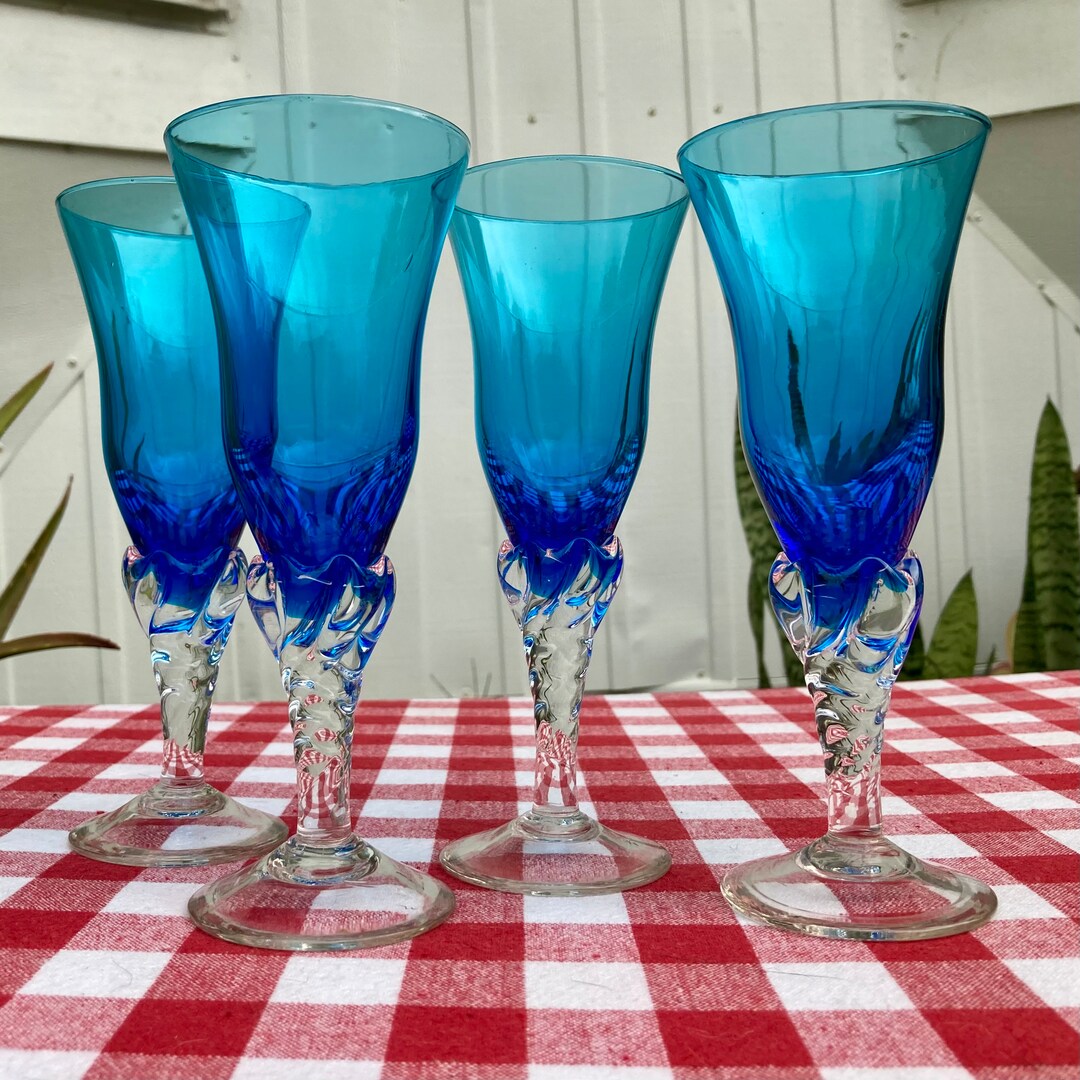 7” Blown Glass Stemware, 1950s Art Glass Stemware Italy, Blue Glassware ...