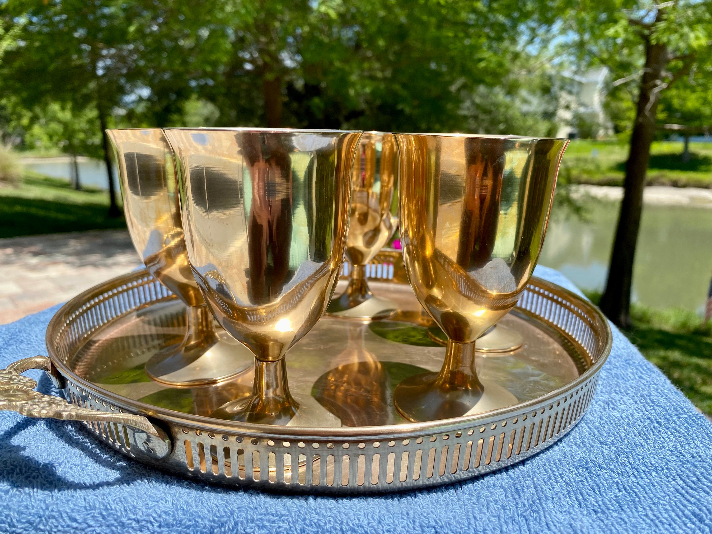 Vintage Brass Tray With Six Brass Goblets Wine Glasses Etsy
