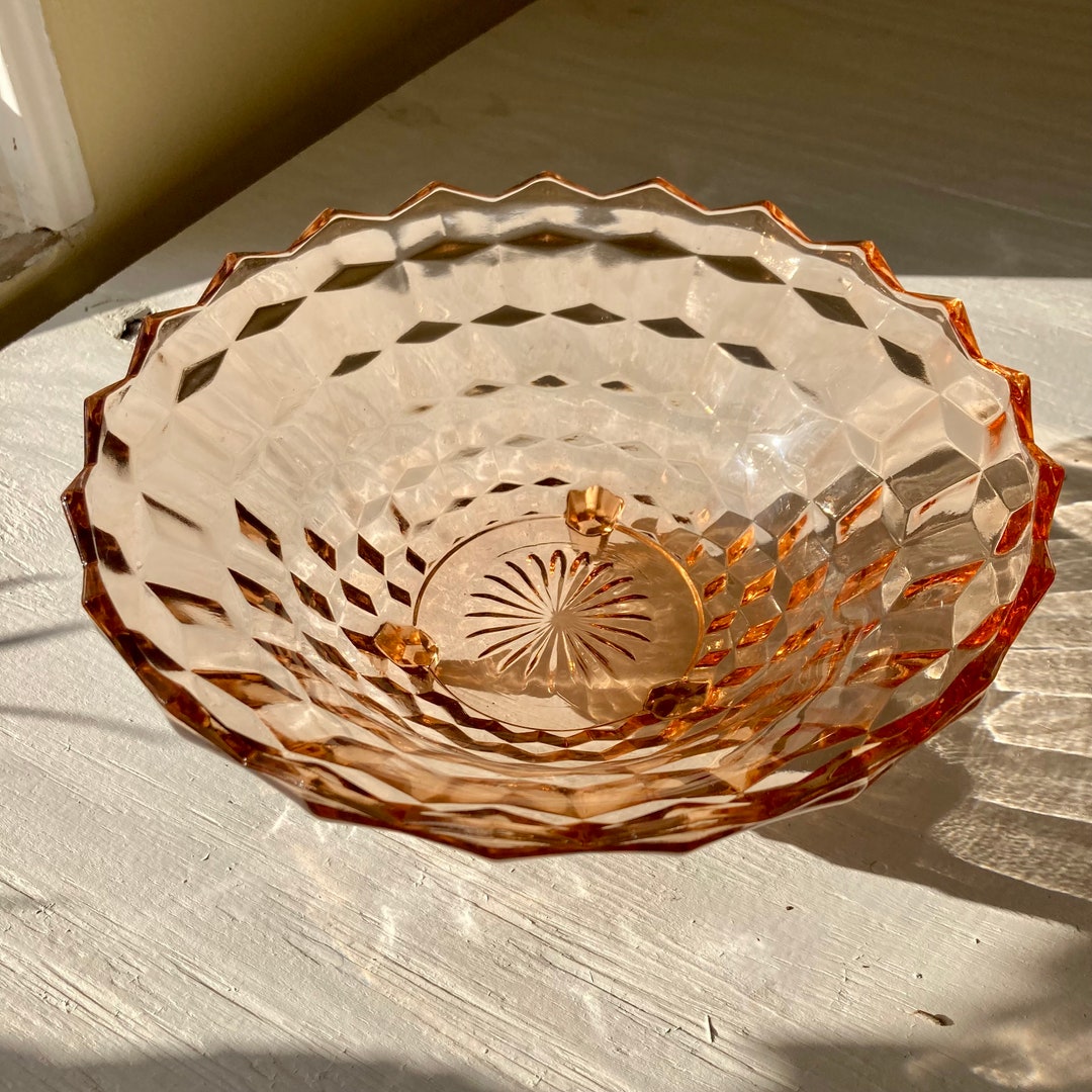 Vintage Pink Cubist Depression Glass Fruit Bowl, Footed Pink Cubist ...