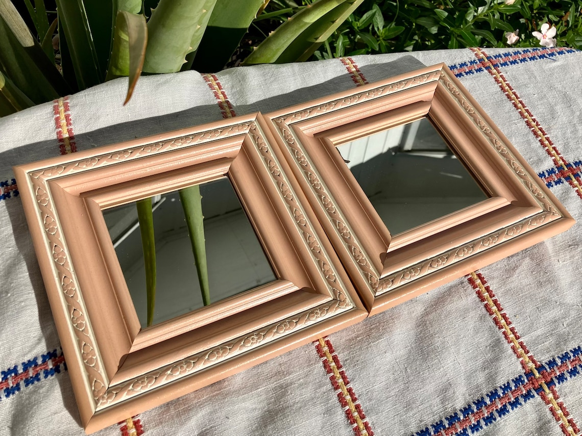 Pair Vintage Pink Wood Framed Square Mirrors 7x7 Pink Chunky Framed ...