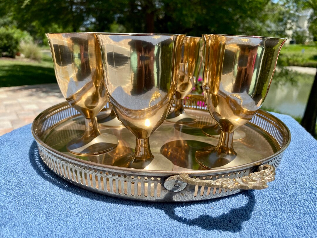 Vintage Brass Tray With Six Brass Goblets Wine Glasses Etsy