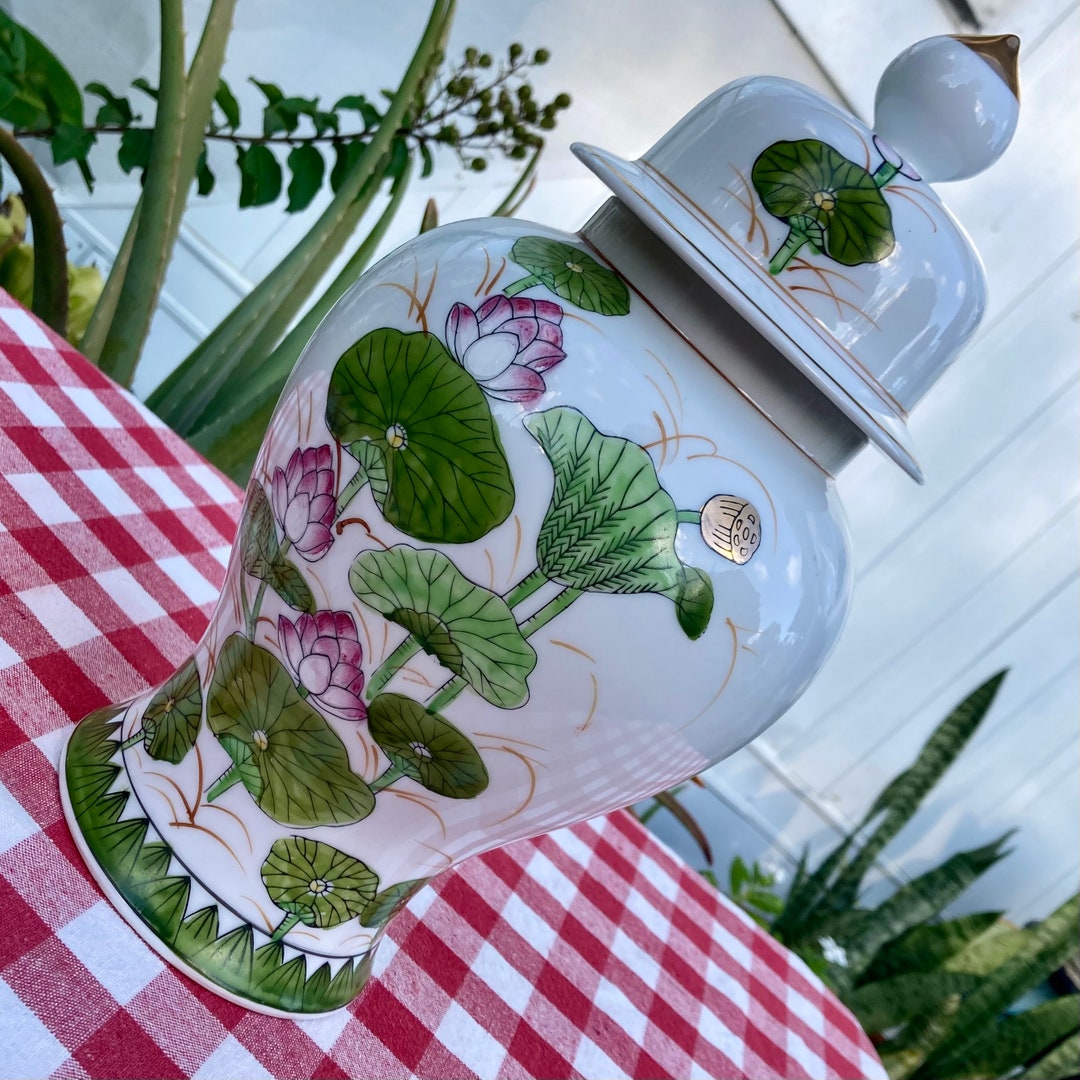 12 Tall Ginger Jar Hand Painted Lotus Motif Vintage 12 Tall - Etsy