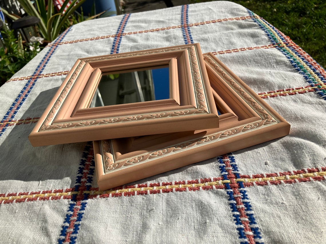 Pair Vintage Pink Wood Framed Square Mirrors 7x7 Pink Chunky Framed ...