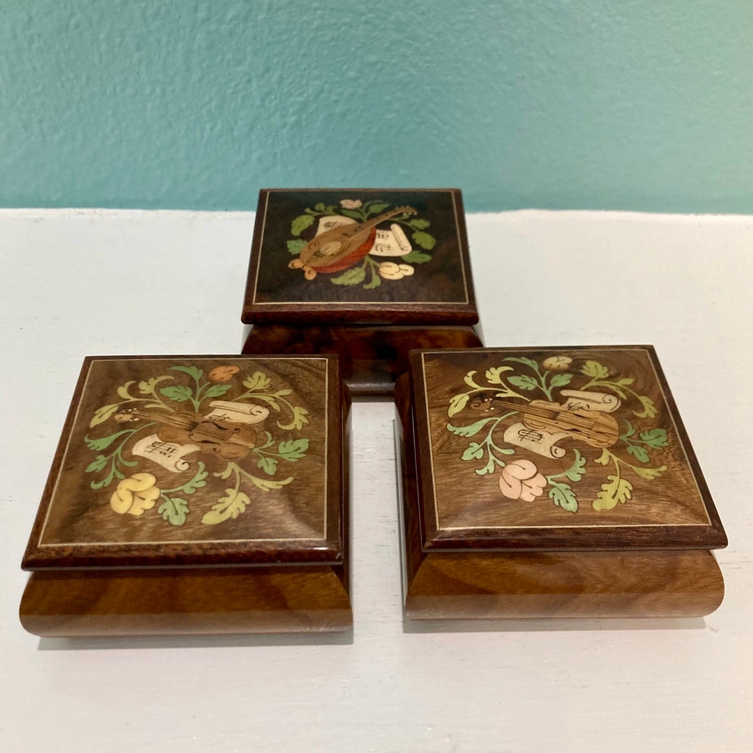 3 Vintage Italian Inlaid Wood Boxes, Three 3.5” X 3.5” Inlaid Wooden ...