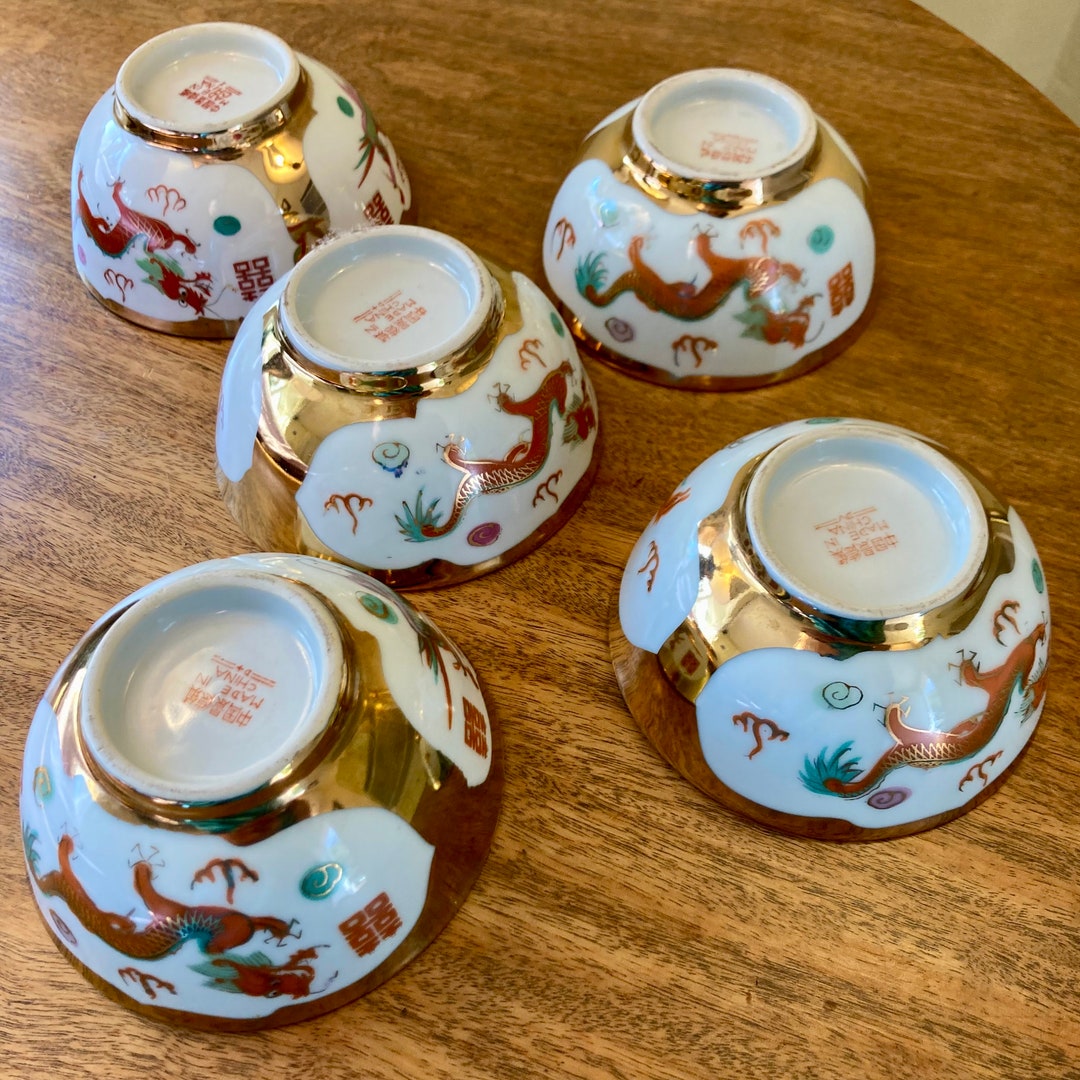 5 Vintage Dragon and Phoenix Gold Trim Rice Bowls, Vintage Chinese ...