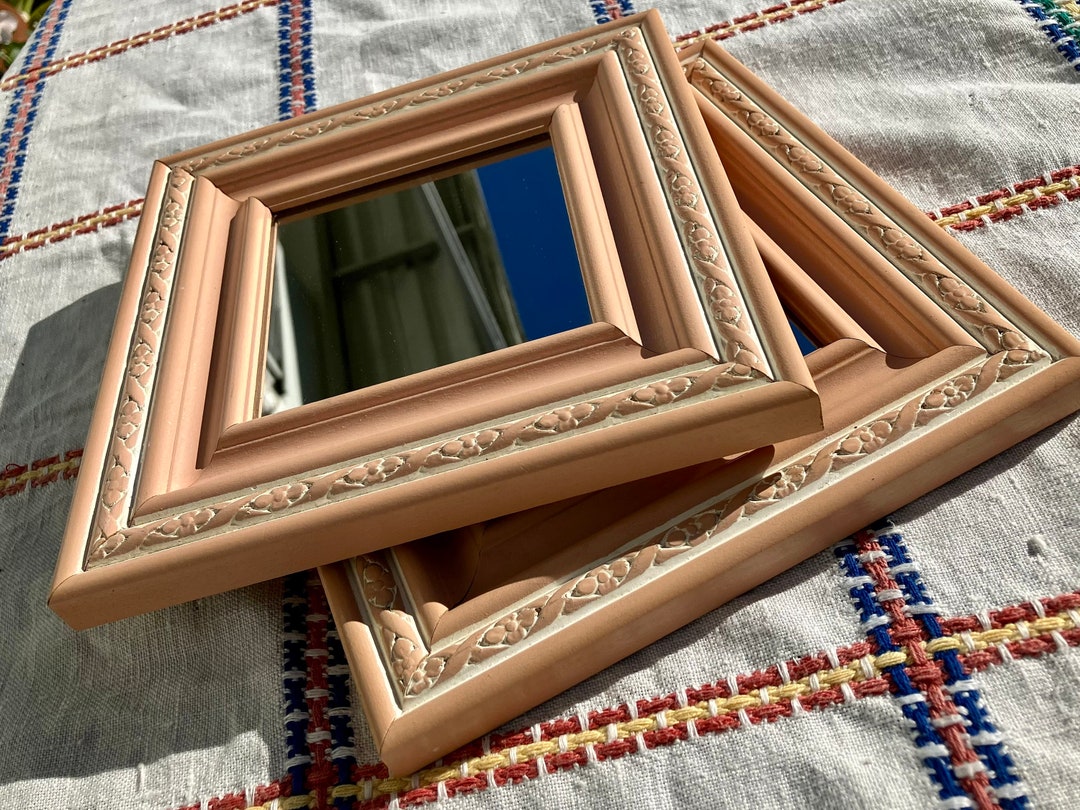 Pair Vintage Pink Wood Framed Square Mirrors 7x7 Pink Chunky Framed ...