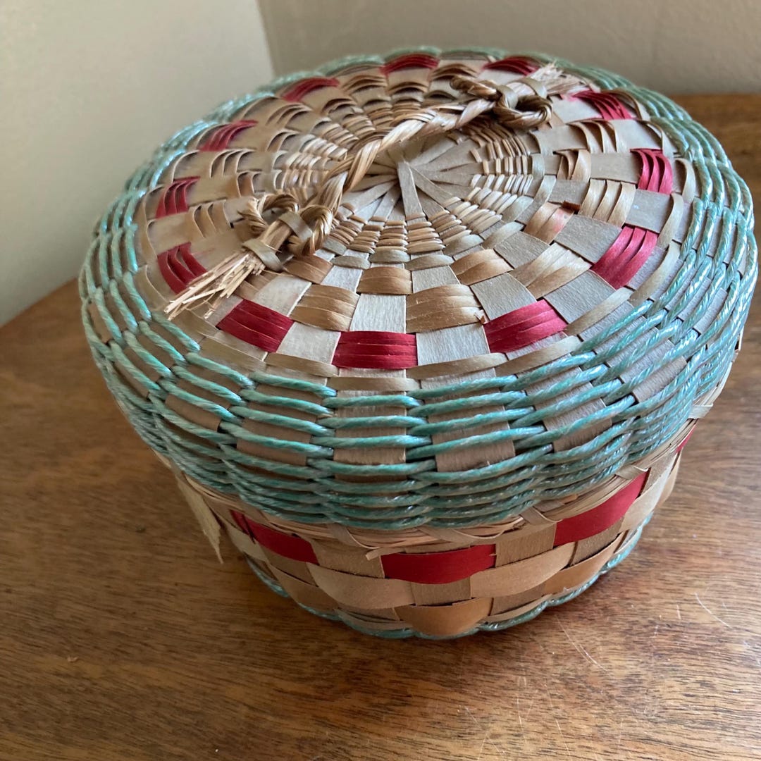 Vintage Woven Sweetgrass & Wood Basket, Red and Green Accented Lidded ...