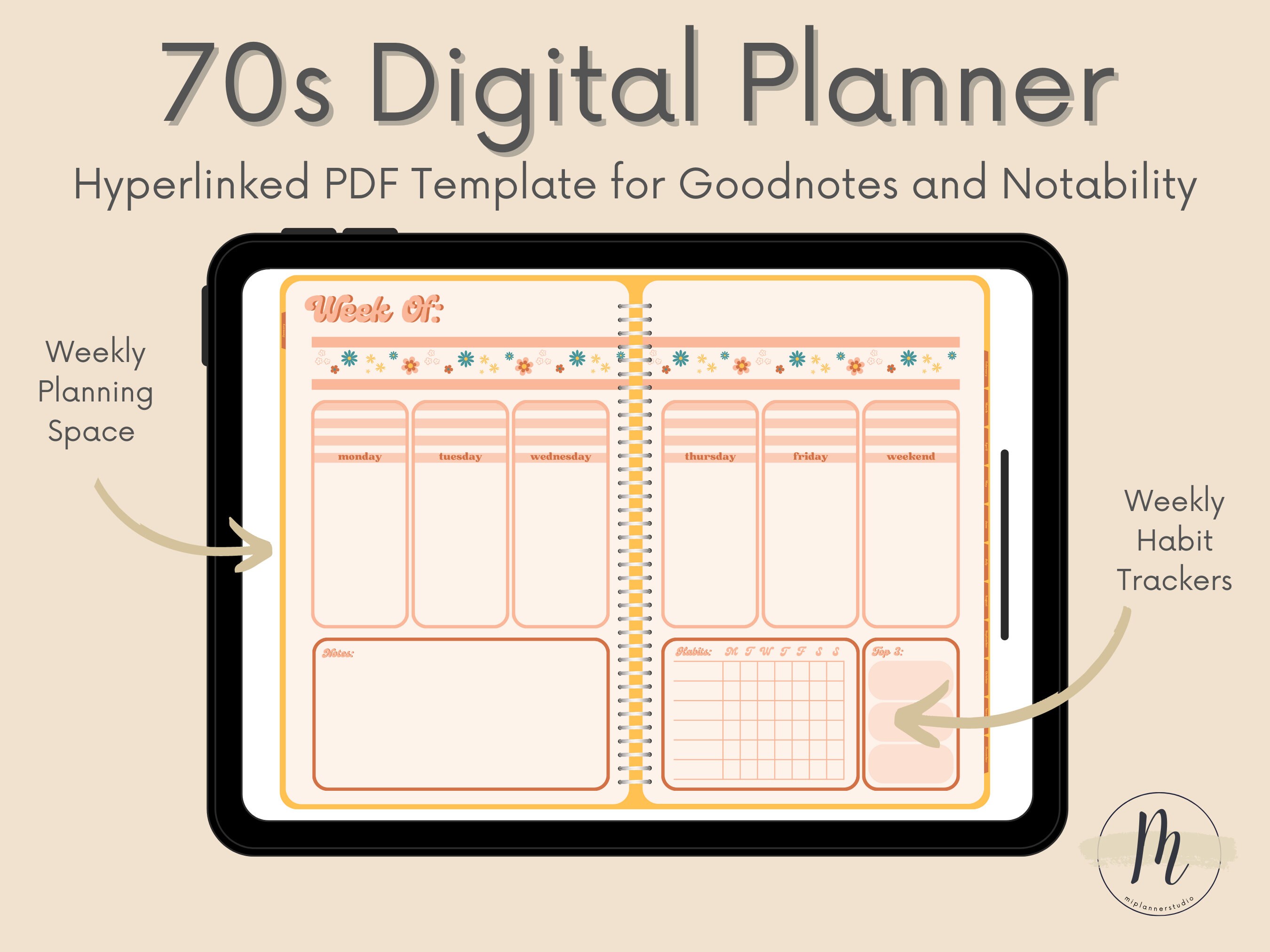 70s Daily Planner, Goodnotes Digital Planner, Undated Digital Planner ...